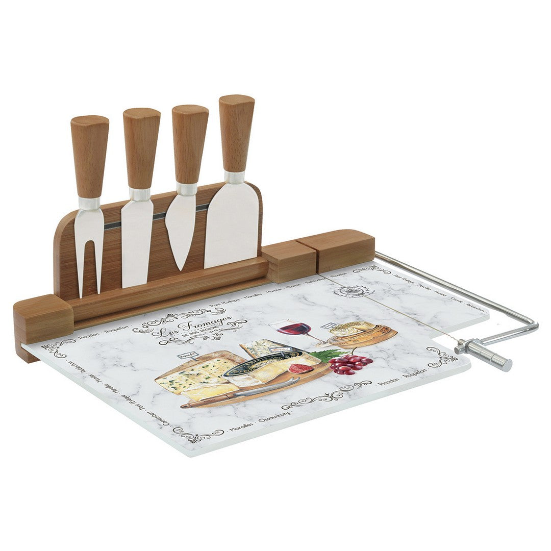 Easy Life Tagliere formaggi in vetro con filo e 4 coltelli "Les Fromag